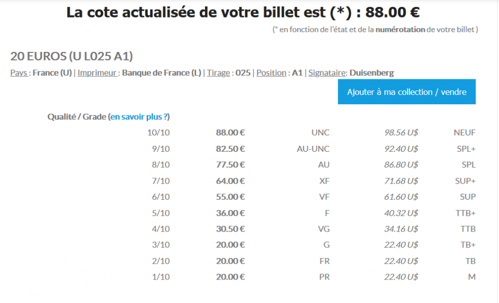 Billet de 20€ 2002 en position A1 de la banque française - Les euros ...